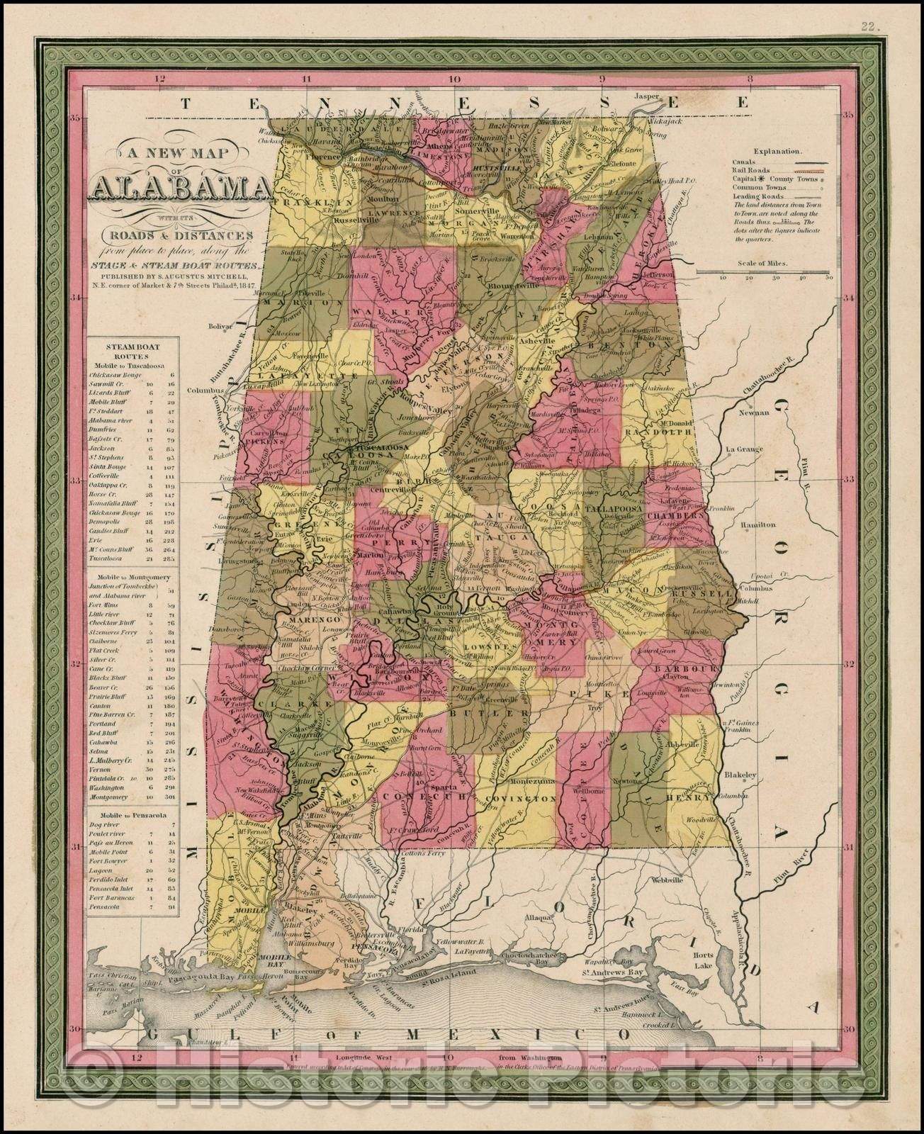 Historic Map - Alabama with its Canals, Roads, Distances from Place to ...