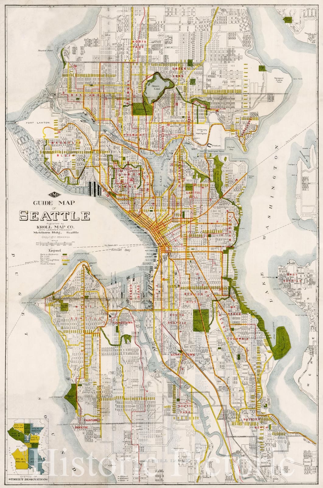 Historic Map - Guide Map of Seattle, 1924, Kroll Map Company - Vintage ...
