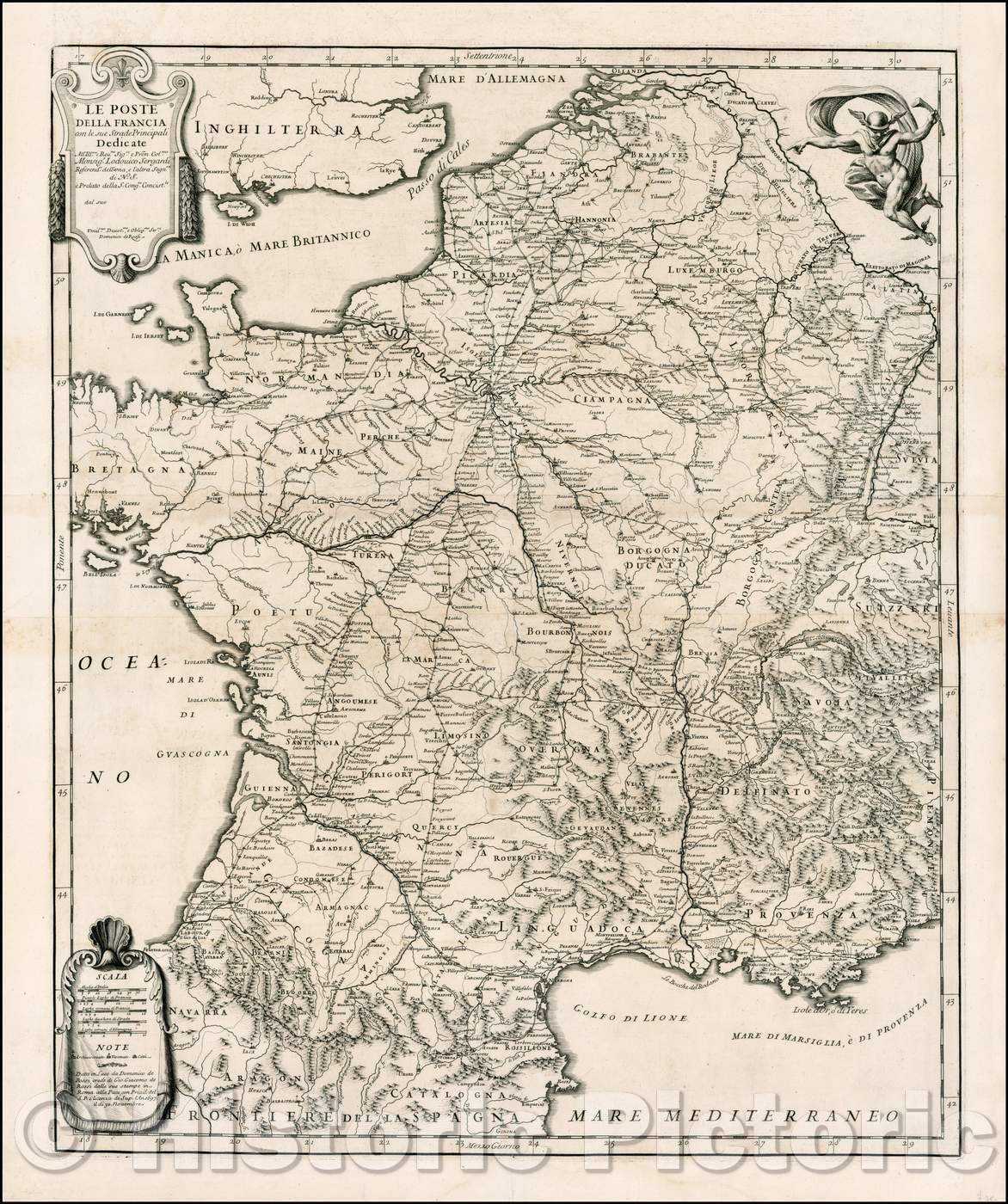 Historic Map - Le Poste della Francia con le sue Strade Principali/Ita ...