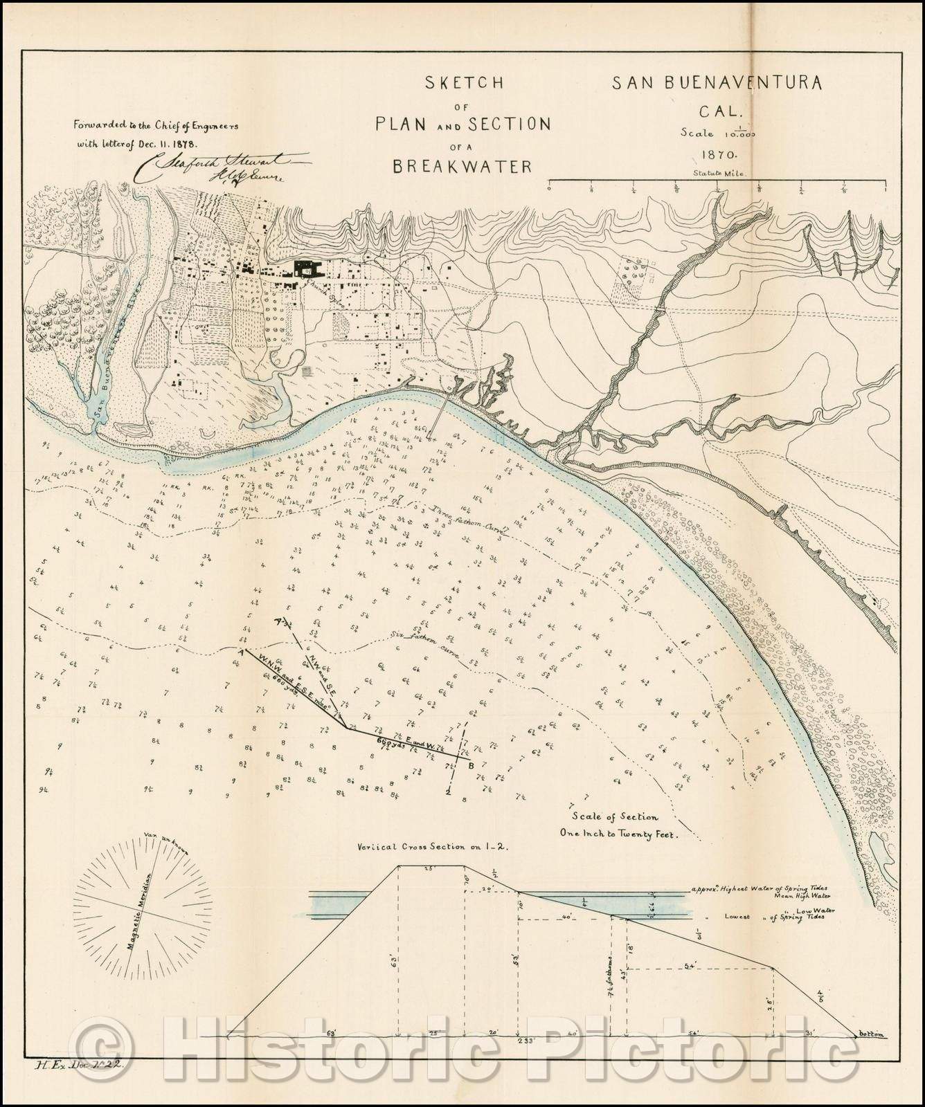 San Buenaventura Breakwater Survey 1878 Historical Map – Historic Pictoric