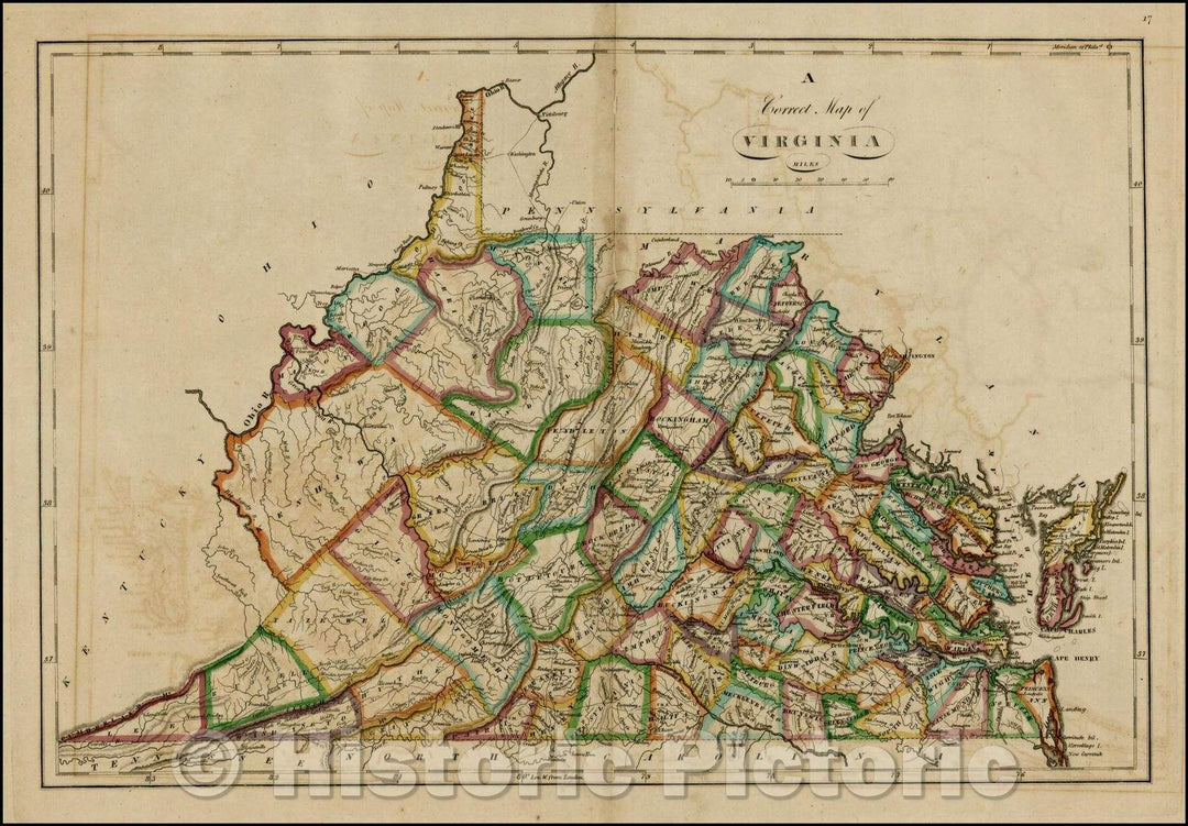 Historic Map - A Correct Map of Virginia, 1818, Mathew Carey - Vintage ...