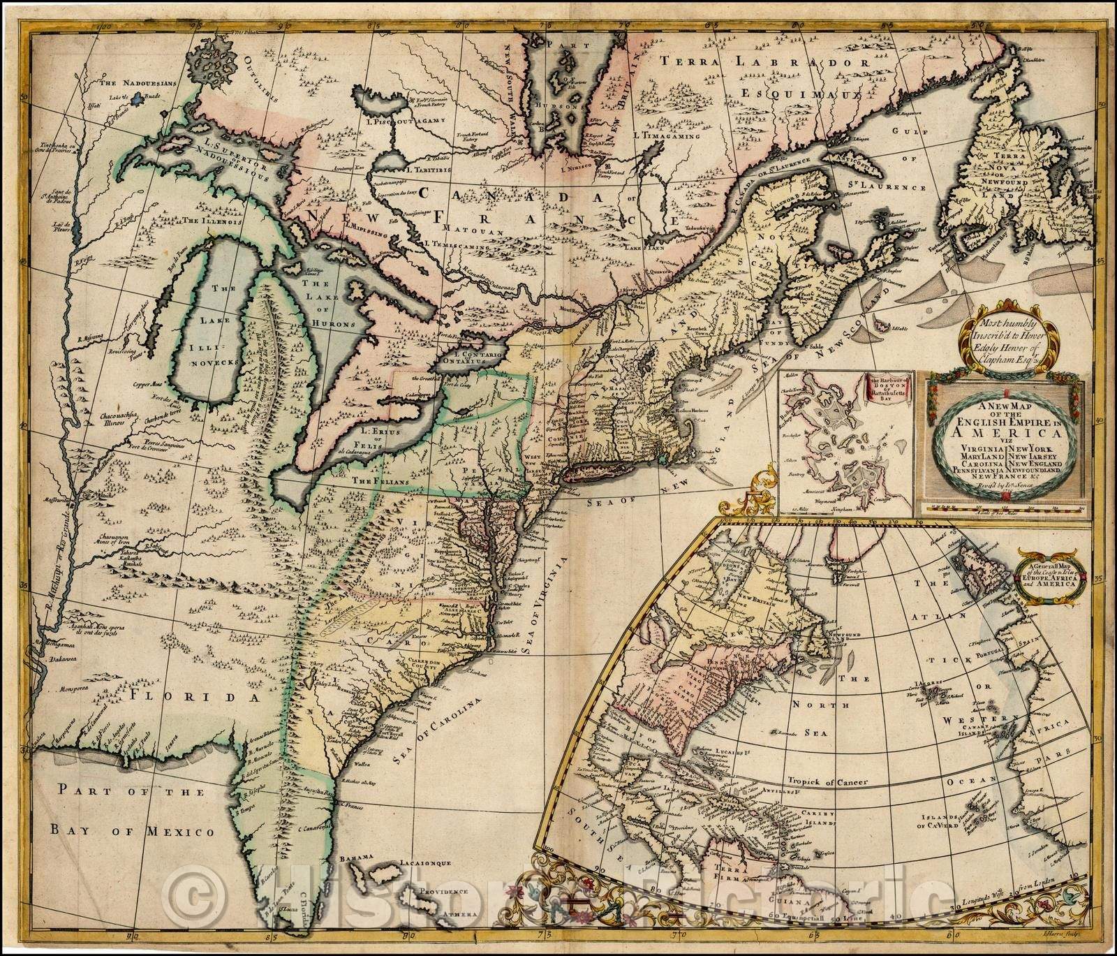 Historic Map - The English Empire in America viz Virginia New York Mar ...