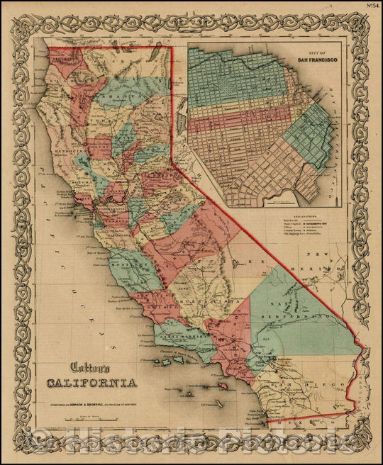Historic Map - Colton's California, 1860, Joseph Hutchins Colton - Vin ...