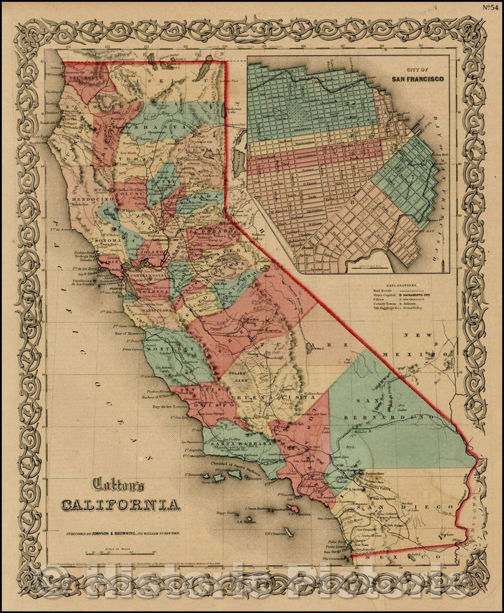 Historic Map - Colton's California, 1860, Joseph Hutchins Colton - Vin ...