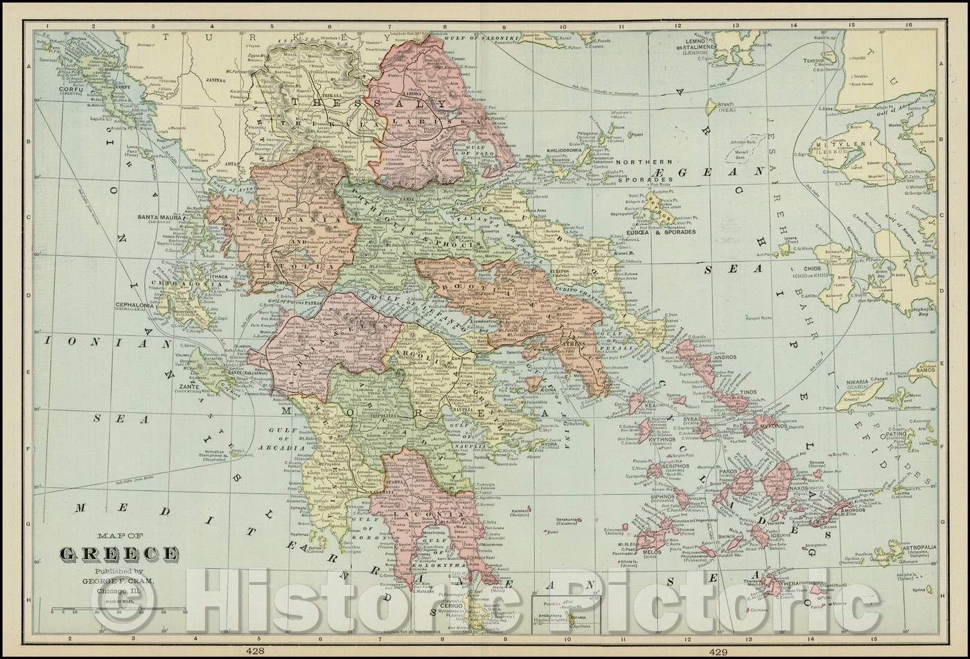 Historic Map - Map of Greece, 1895, George F. Cram - Vintage Wall Art ...