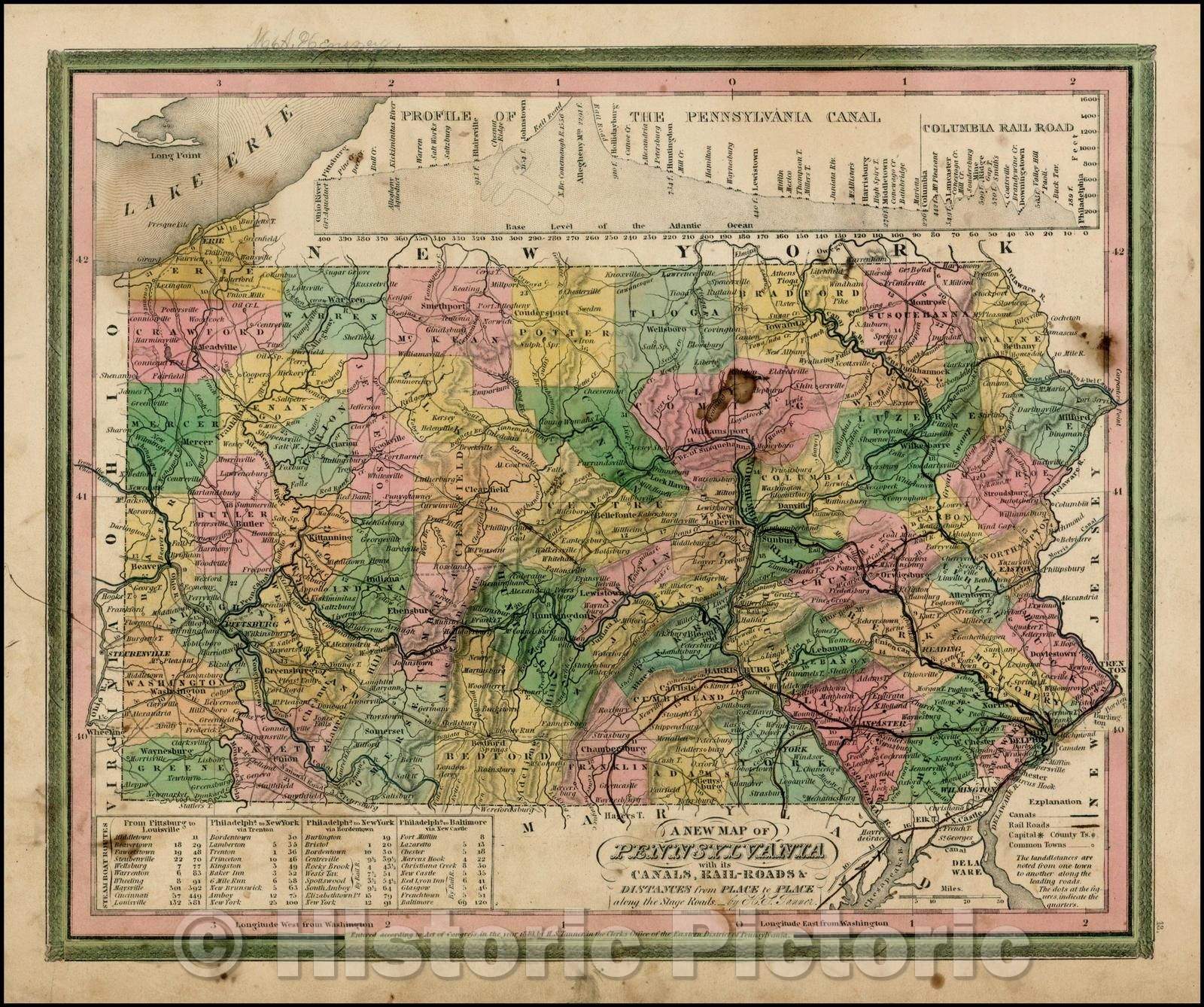 Historic Map - Pennsylvania with Its Canals, Rail-Roads & Distances fr ...