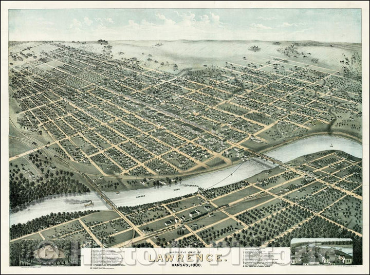 Historic Map - Bird's Eye View of Lawrence. Kansas, 1880, D. O. Morse ...