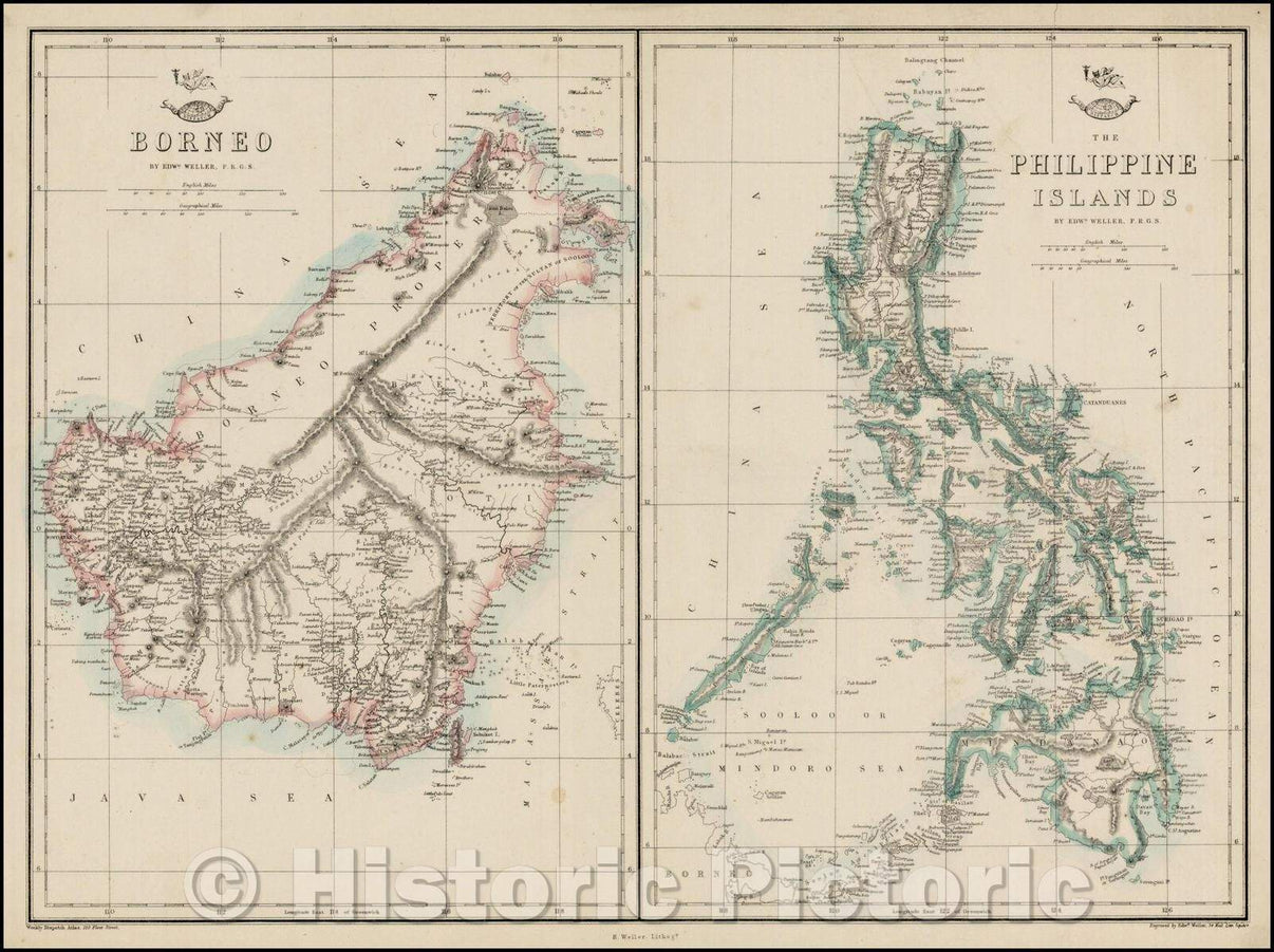 Historic Map - The Philippine Islands (with) Borneo, 1860, Edward Well ...