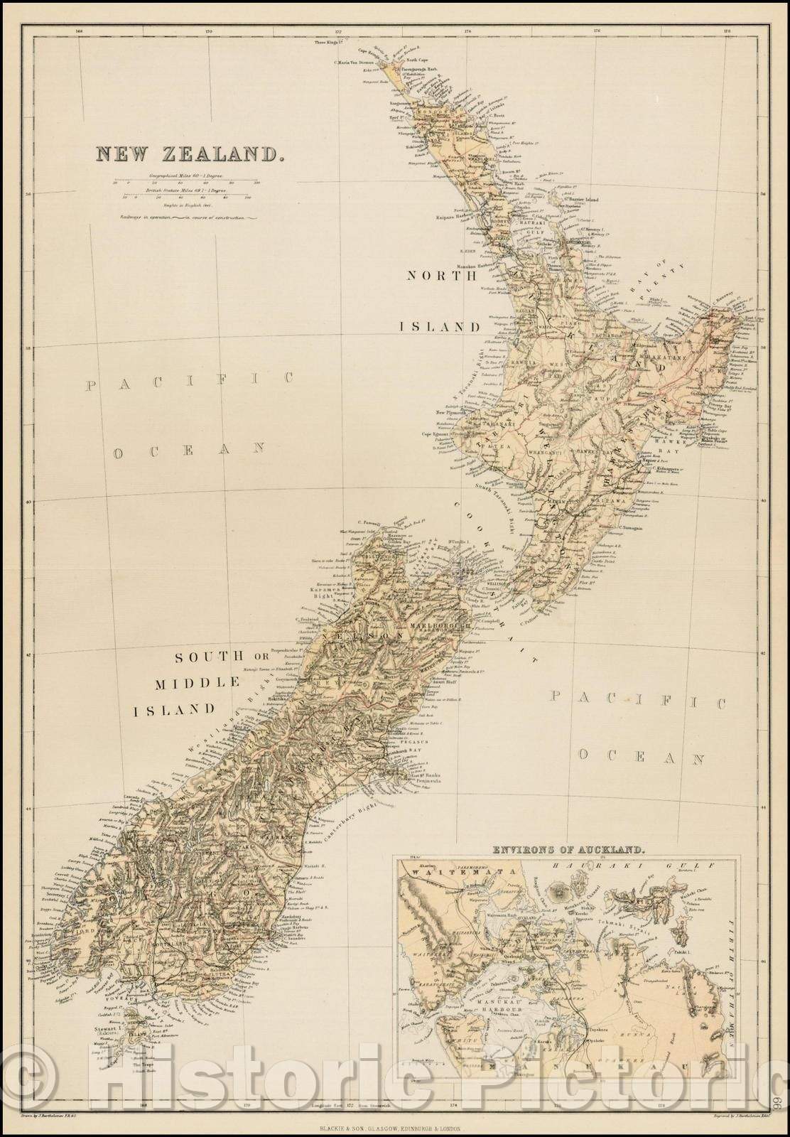 Historic Map - New Zealand (with Environs of Auckland), 1860, Blackie ...