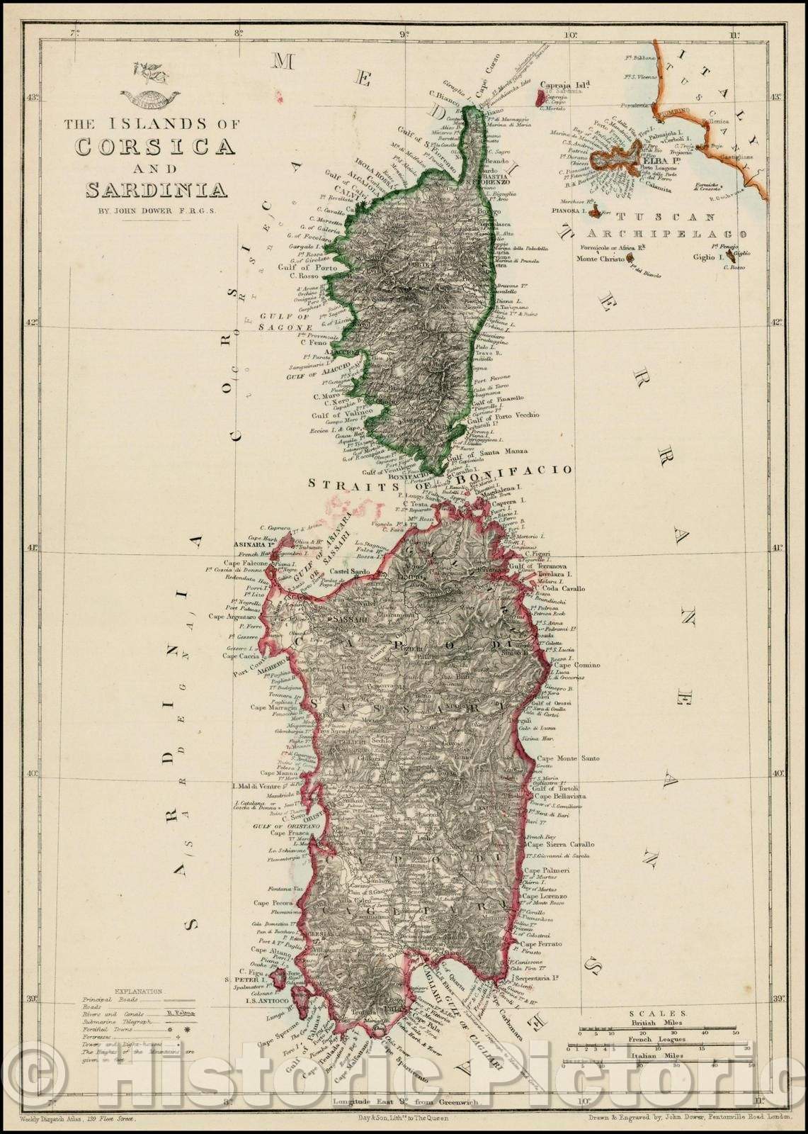 Historic Map - The Islands of Corsica and Sardinia, 1860, Day & Son ...
