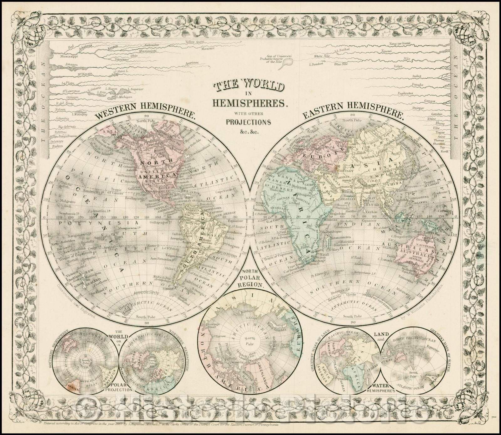 World Hemispheres Map 1867 | Historical Map Print | Historic Pictoric
