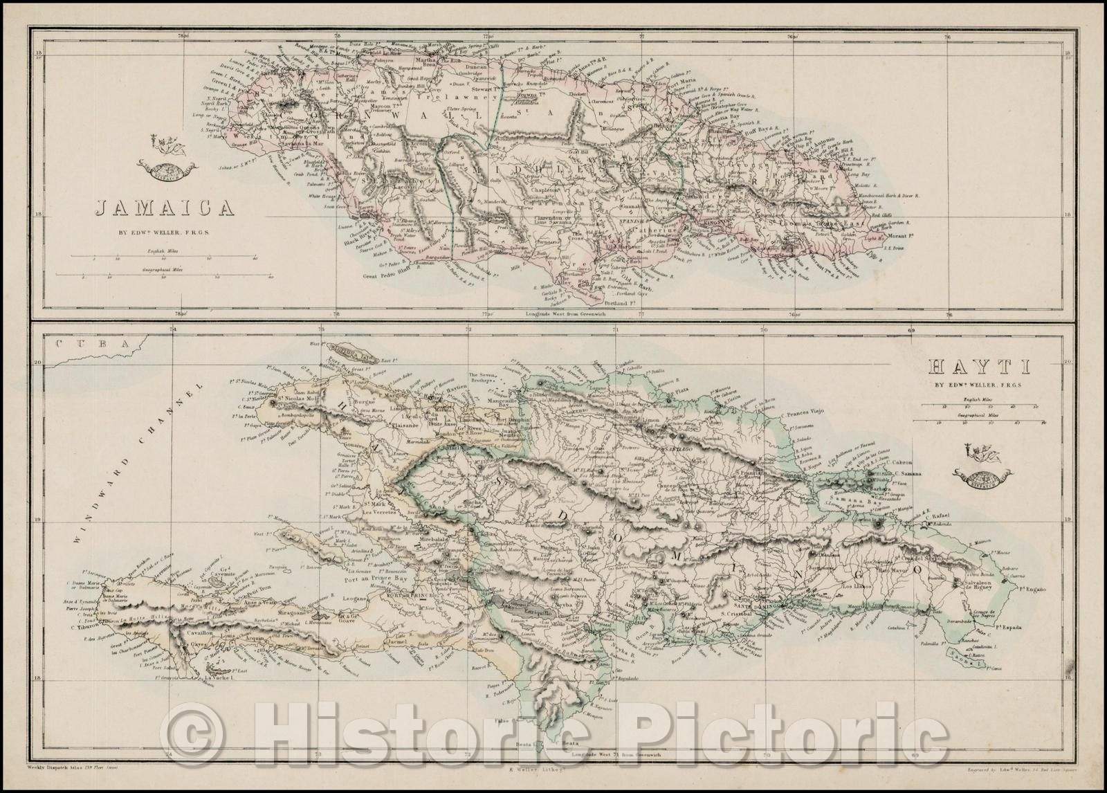 Historic Map - Jamaica (and) Hayti, 1860, Edward Weller - Vintage Wall ...