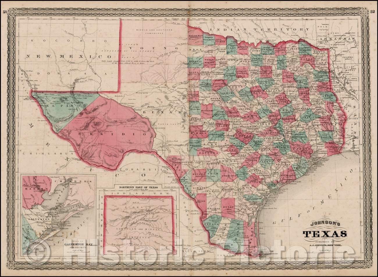 Historic Map - Johnson's Texas, 1869, Alvin Jewett Johnson - Vintage W ...