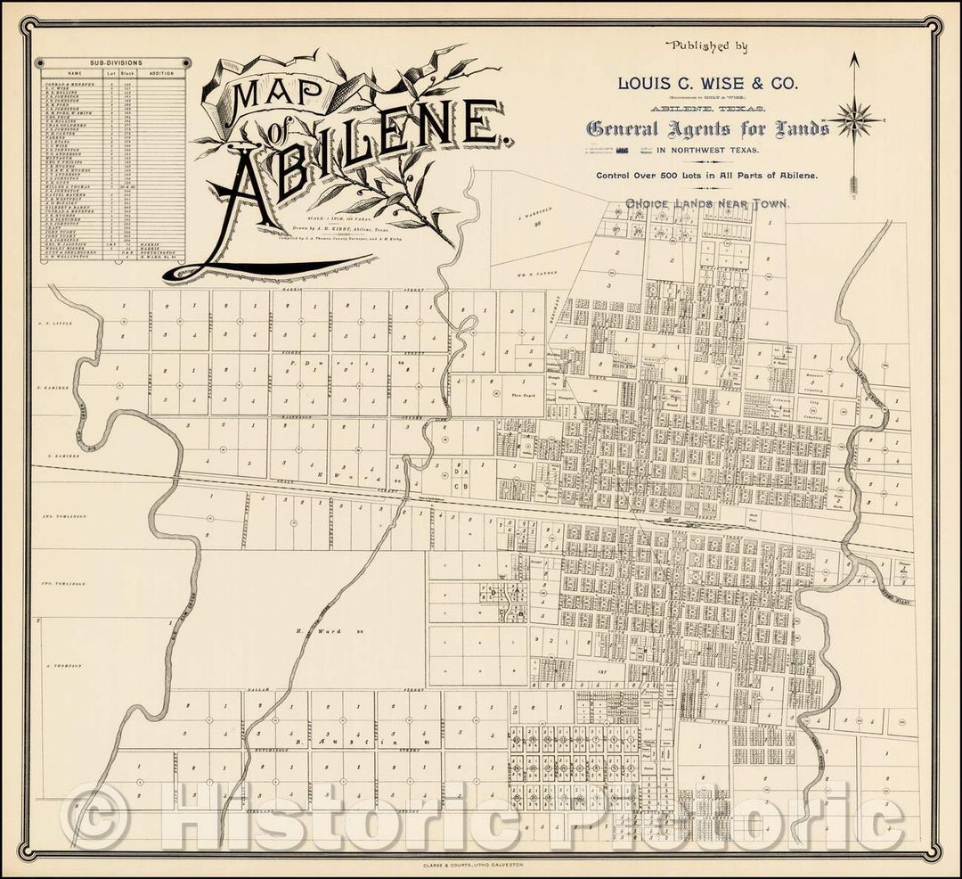 Historic Map - Map of Abilene, 1885, Clarke & Courts, Litho. v2 – Historic Pictoric