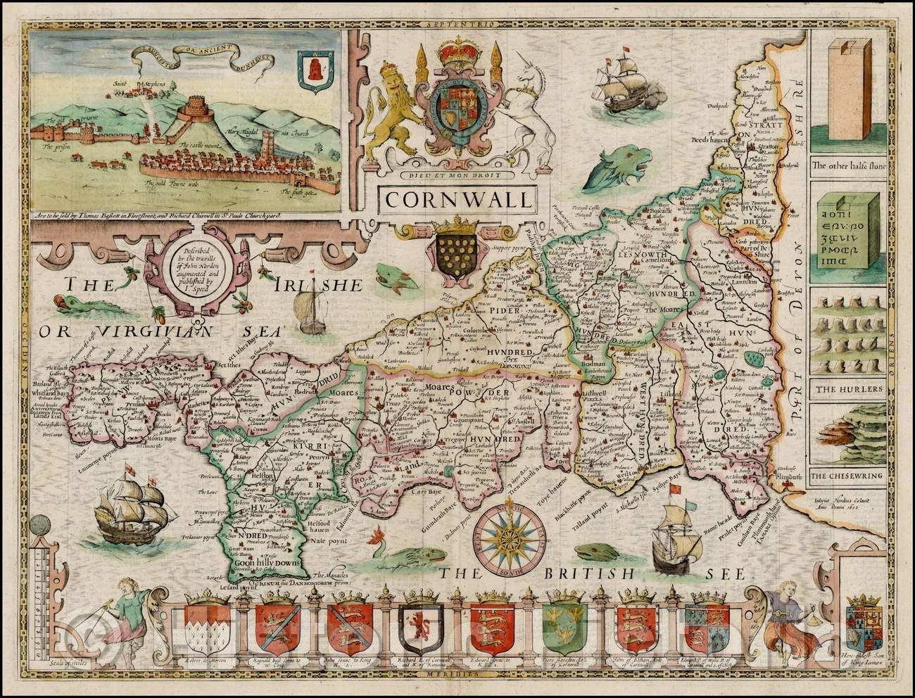 Historic Map - Cornwall Described, 1676, John Speed - Vintage Wall Art ...