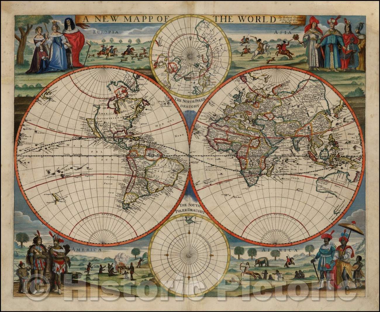 Historic Map - A New Mapp of the World, 1676, Robert Greene - Vintage ...