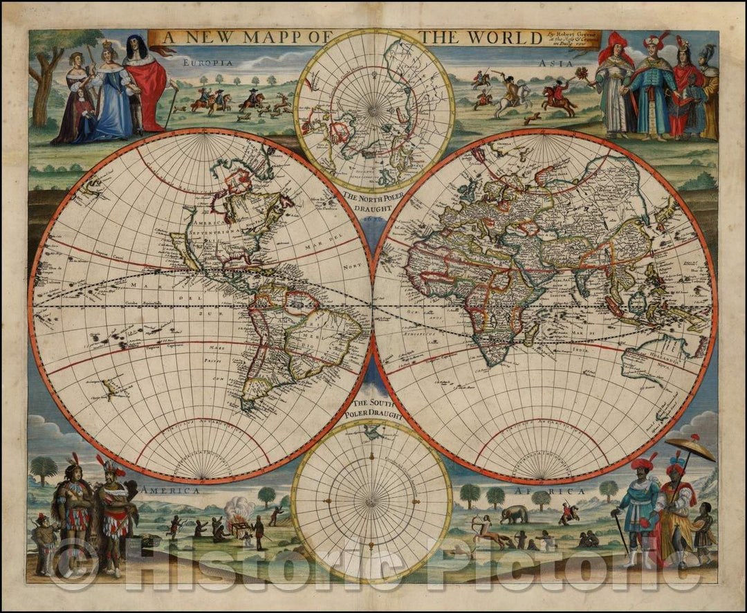 Historic Map - A New Mapp of the World, 1676, Robert Greene - Vintage ...