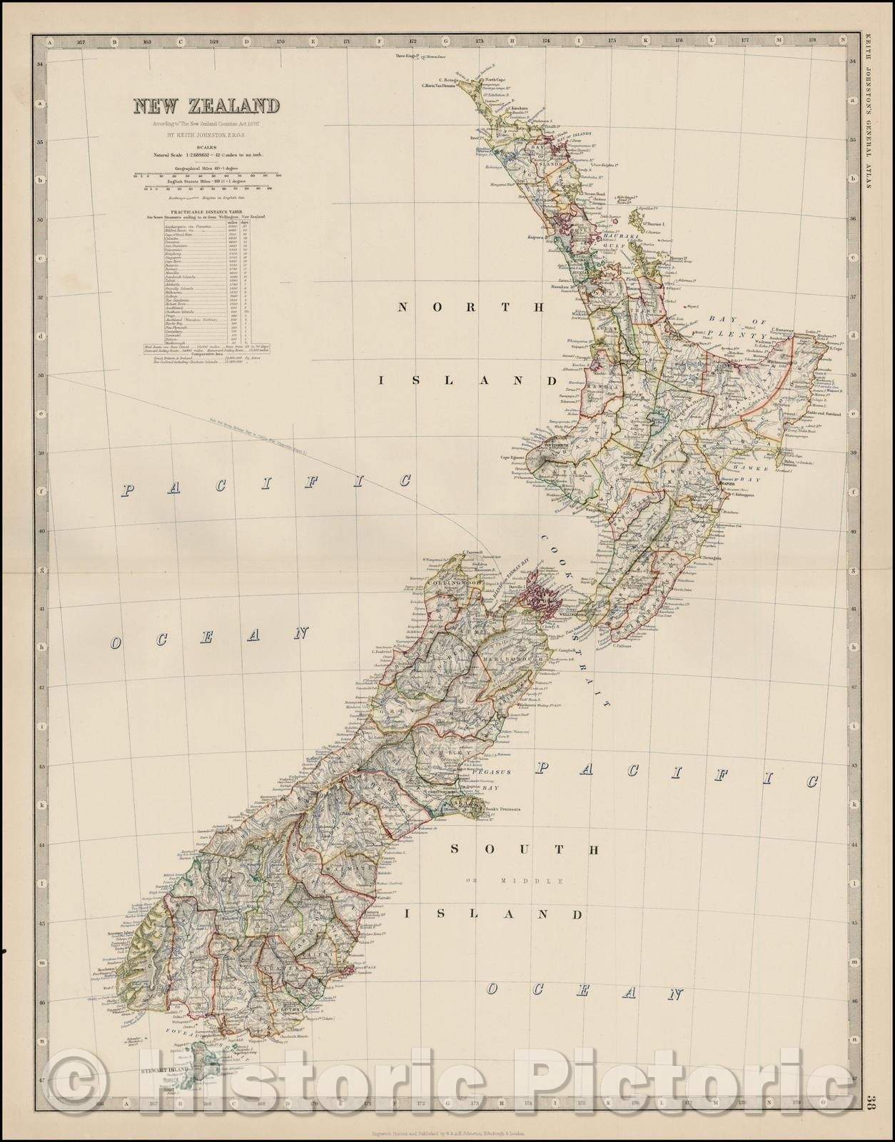 Historic Map - New Zealand, 1860, W. & A.K. Johnston - Vintage Wall Ar ...