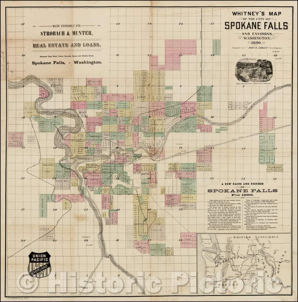 Historic Map - Whitney's Map of the City of Spokane Falls and Environs ...