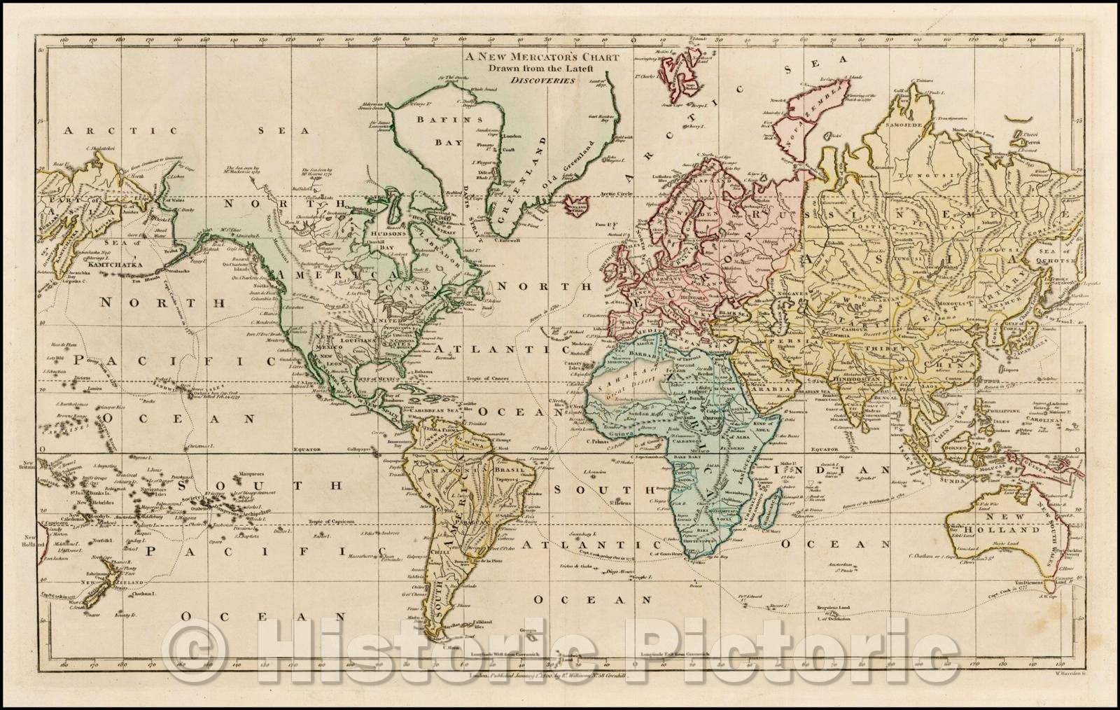 Historic Map - A New Mercator's Chart, 1808, Robert Wilkinson - Vintag ...