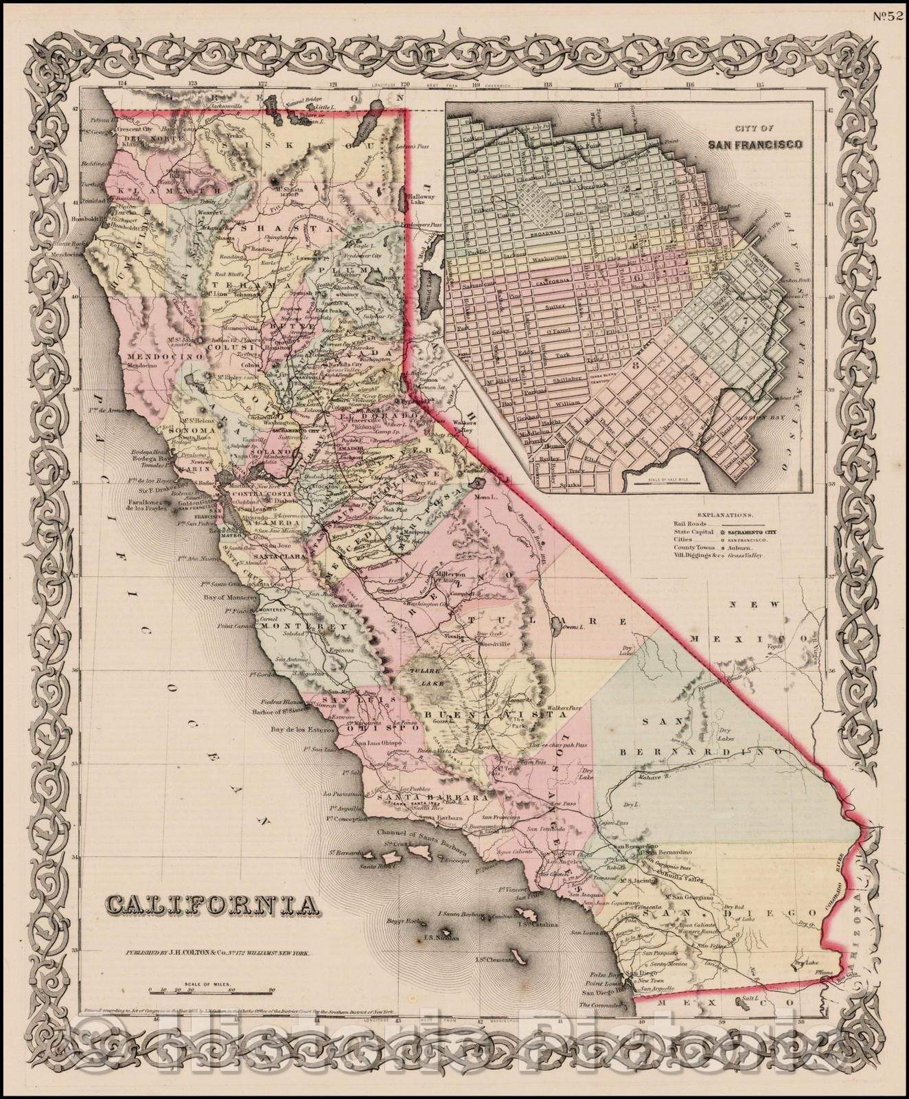 Historic Map - California, 1855, Joseph Hutchins Colton - Vintage Wall ...