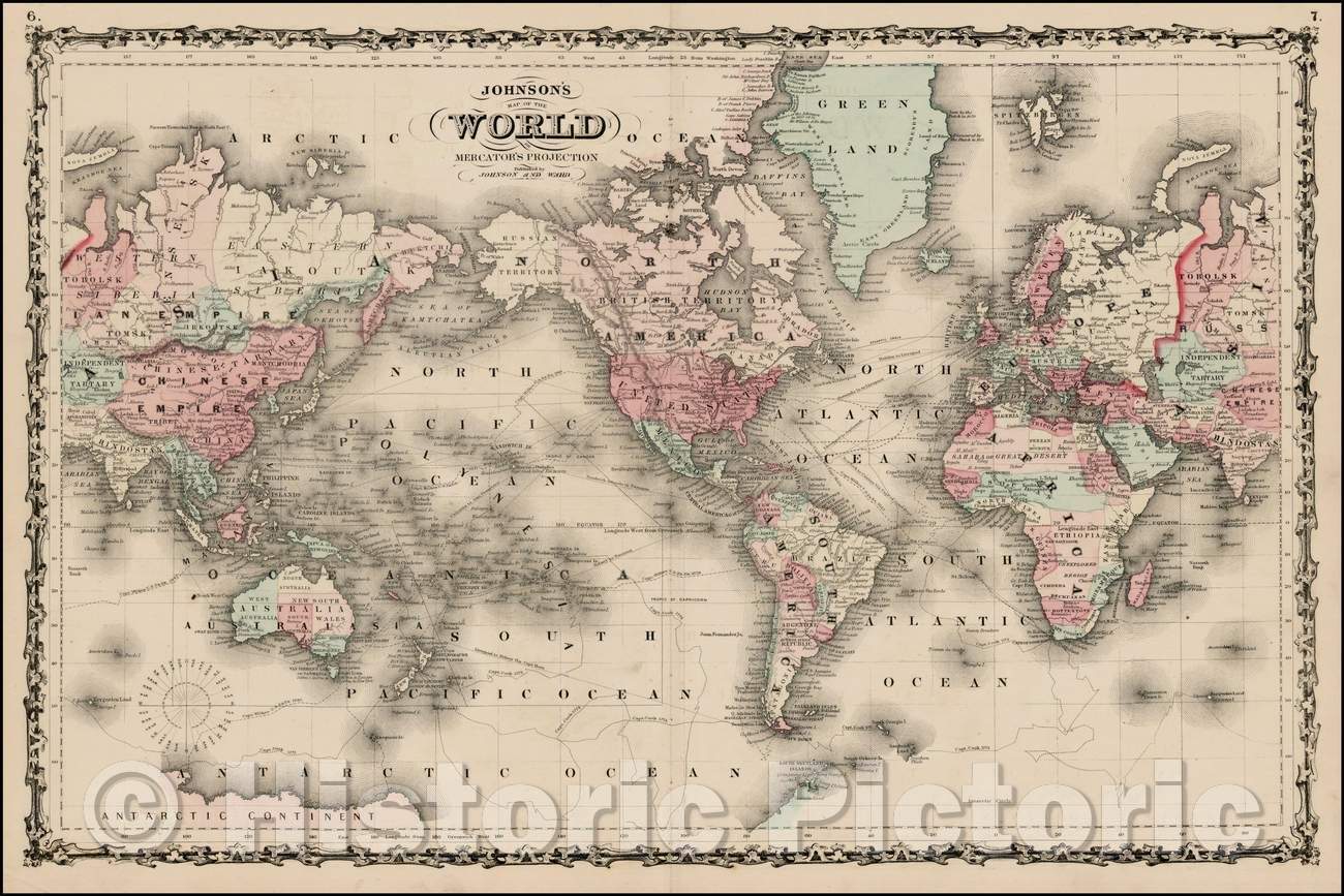 Historic Map - Johnson's Map of the World on Mercator's Projection, 18 ...