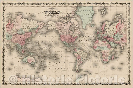 Historic Map - Johnson's Map of the World on Mercator's Projection, 18 ...