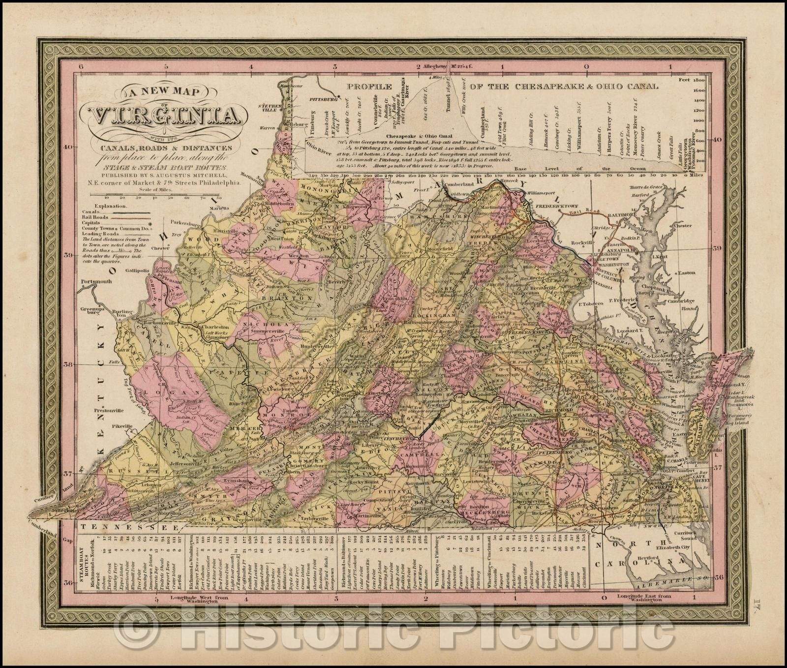 Historic Map - Virginia with its Canals, Roads & Distances from place ...