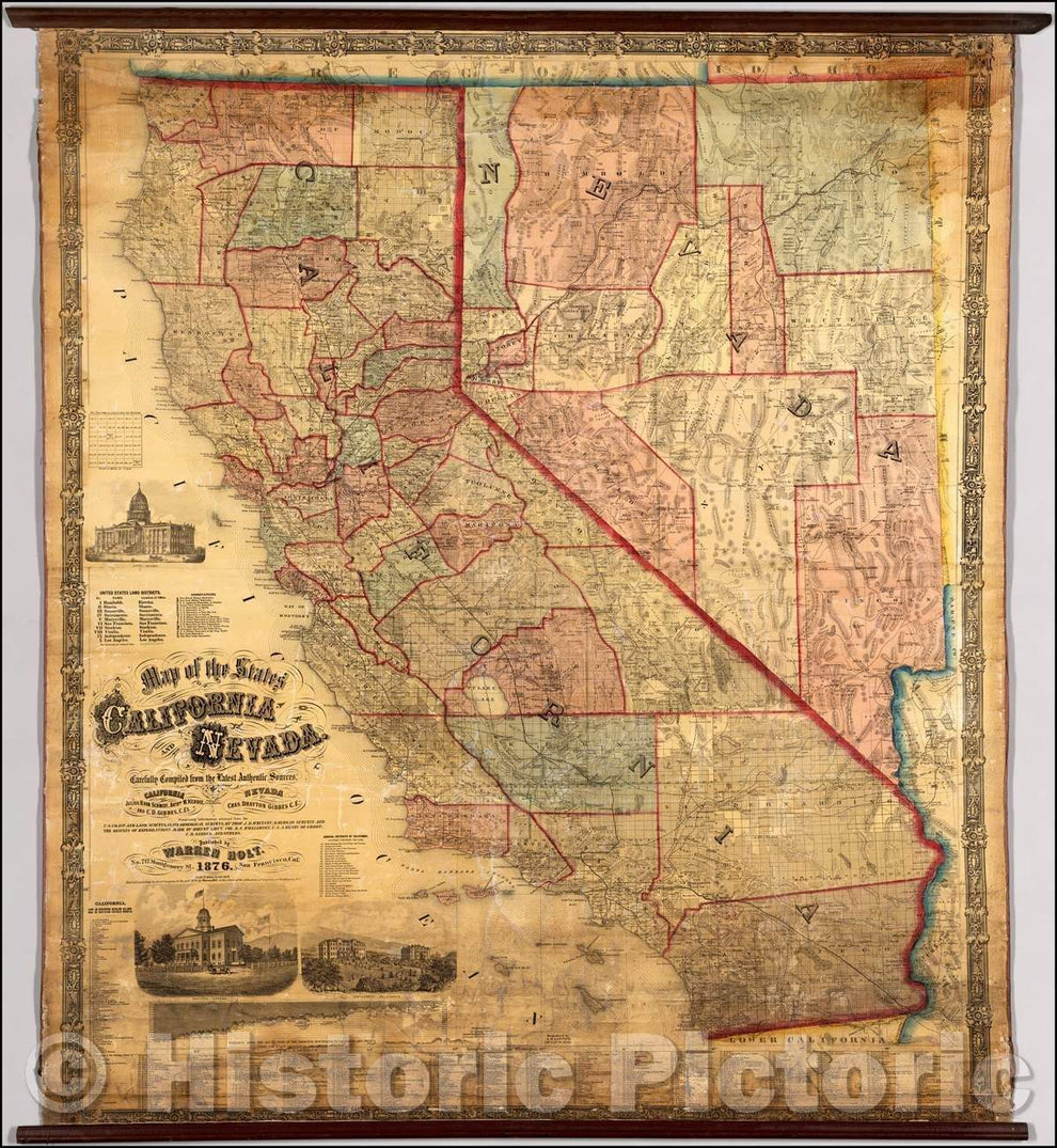 California Nevada State Map 1876 Historical Print | Historic Pictoric