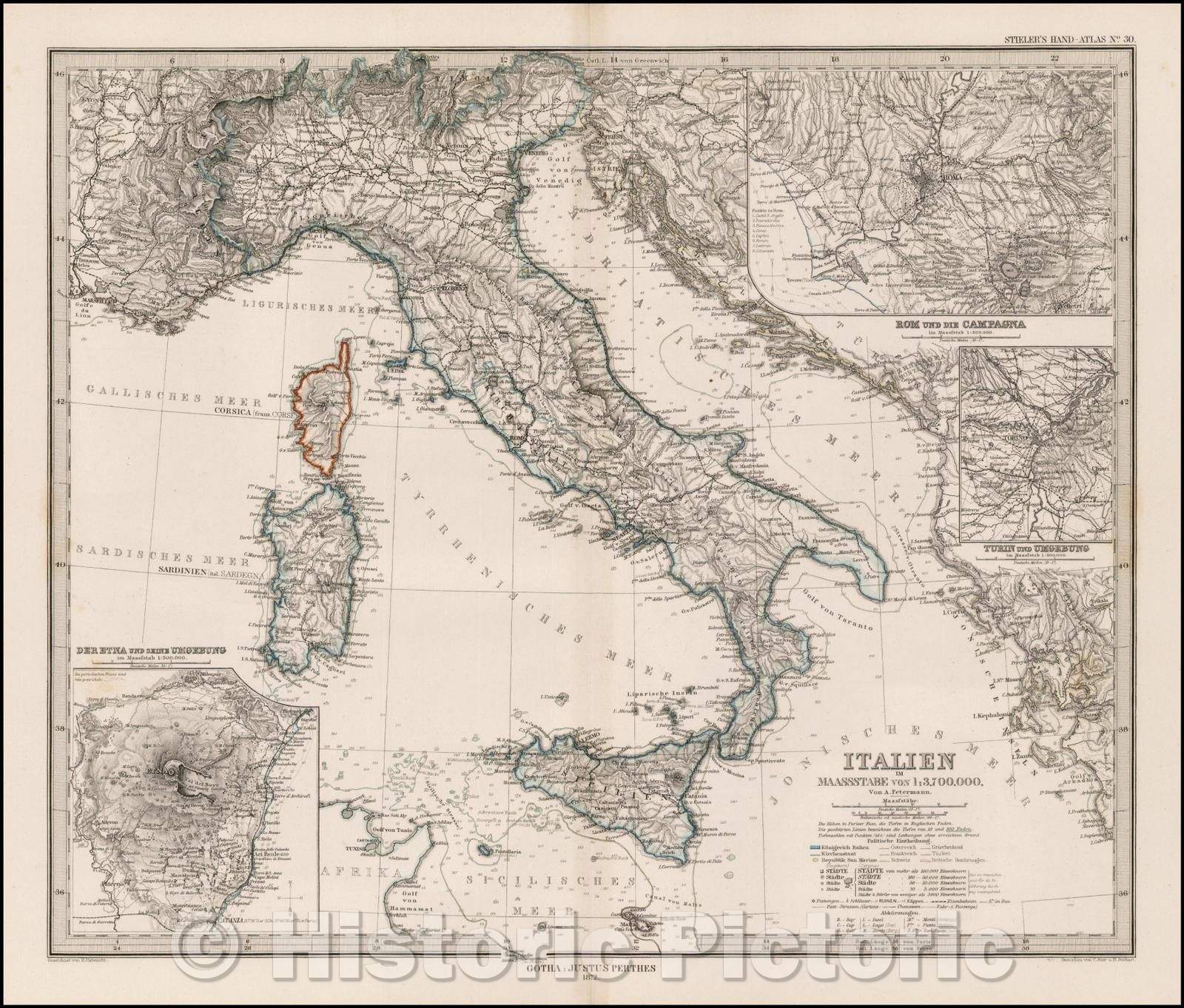 Historic Map - Italy, 1872, Adolf Stieler - Vintage Wall Art – Historic ...
