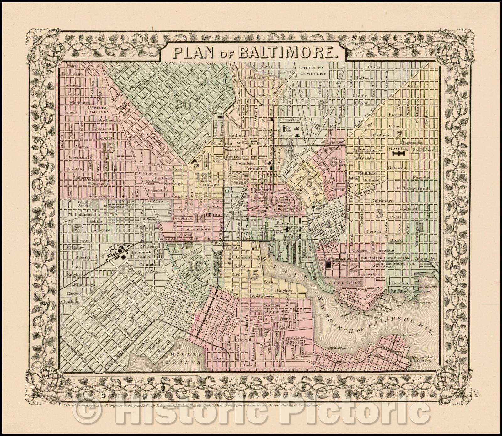 Historic Map - Plan of Baltimore, 1869, Samuel Augustus Mitchell Jr ...