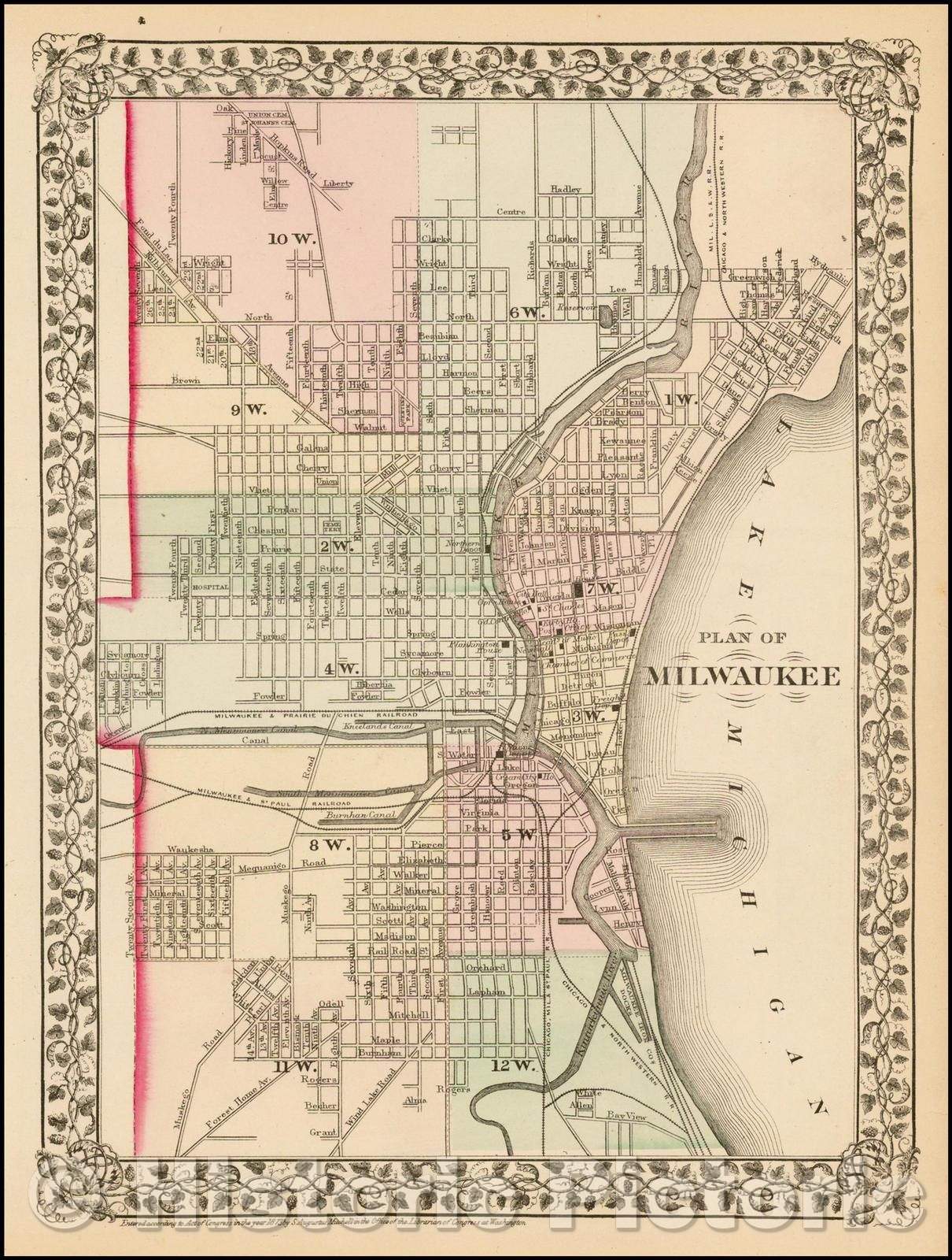 Historic Map - Plan of Milwaukee, 1873, Samuel Augustus Mitchell Jr ...