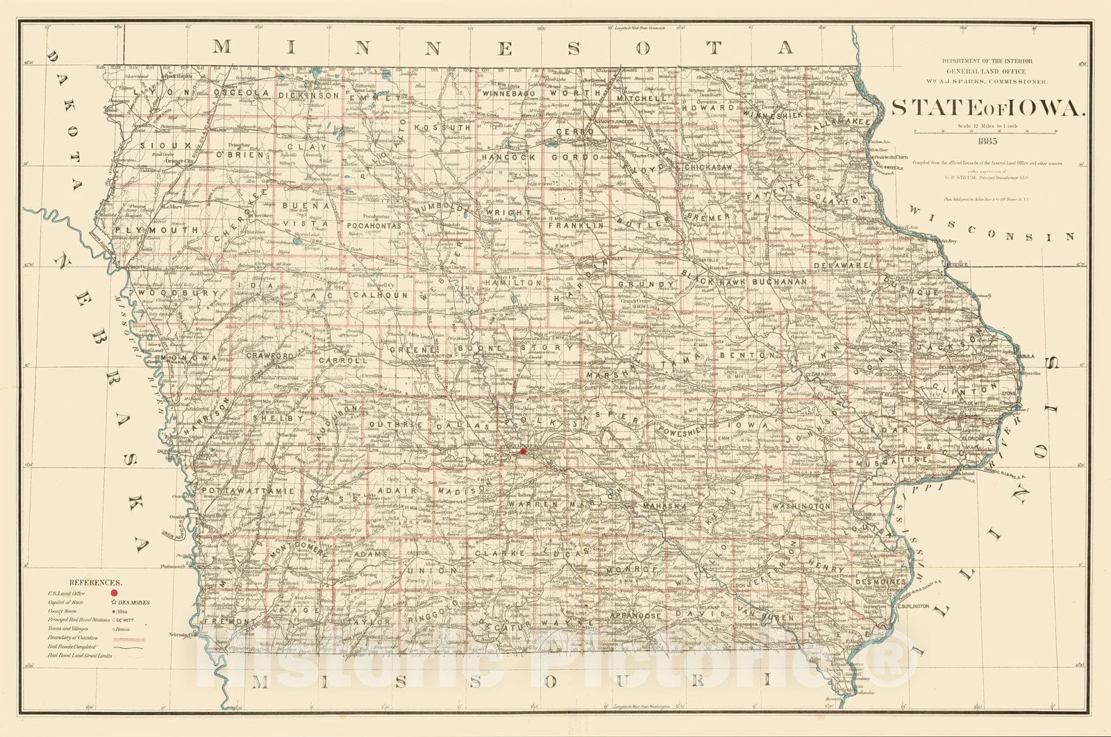 Historic Map - State of Iowa, 1885, U.S. General Land Office - Vintage ...