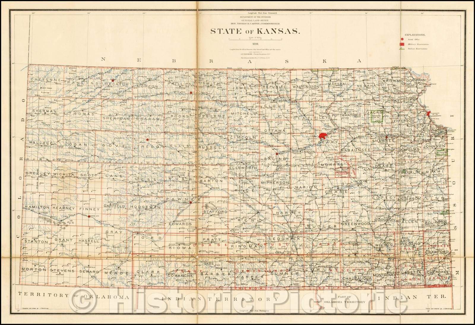 Historic Map - State of Kansas, 1885, U.S. General Land Office - Vinta ...