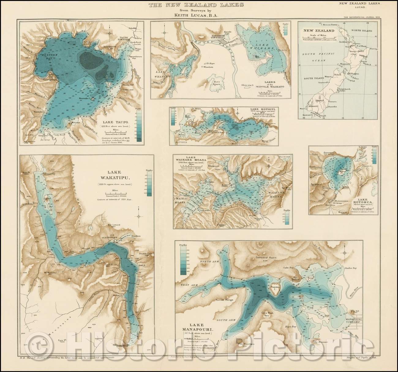 Historic Map - The New Zealand Lakes from Surveys, 1902, Royal Geograp ...