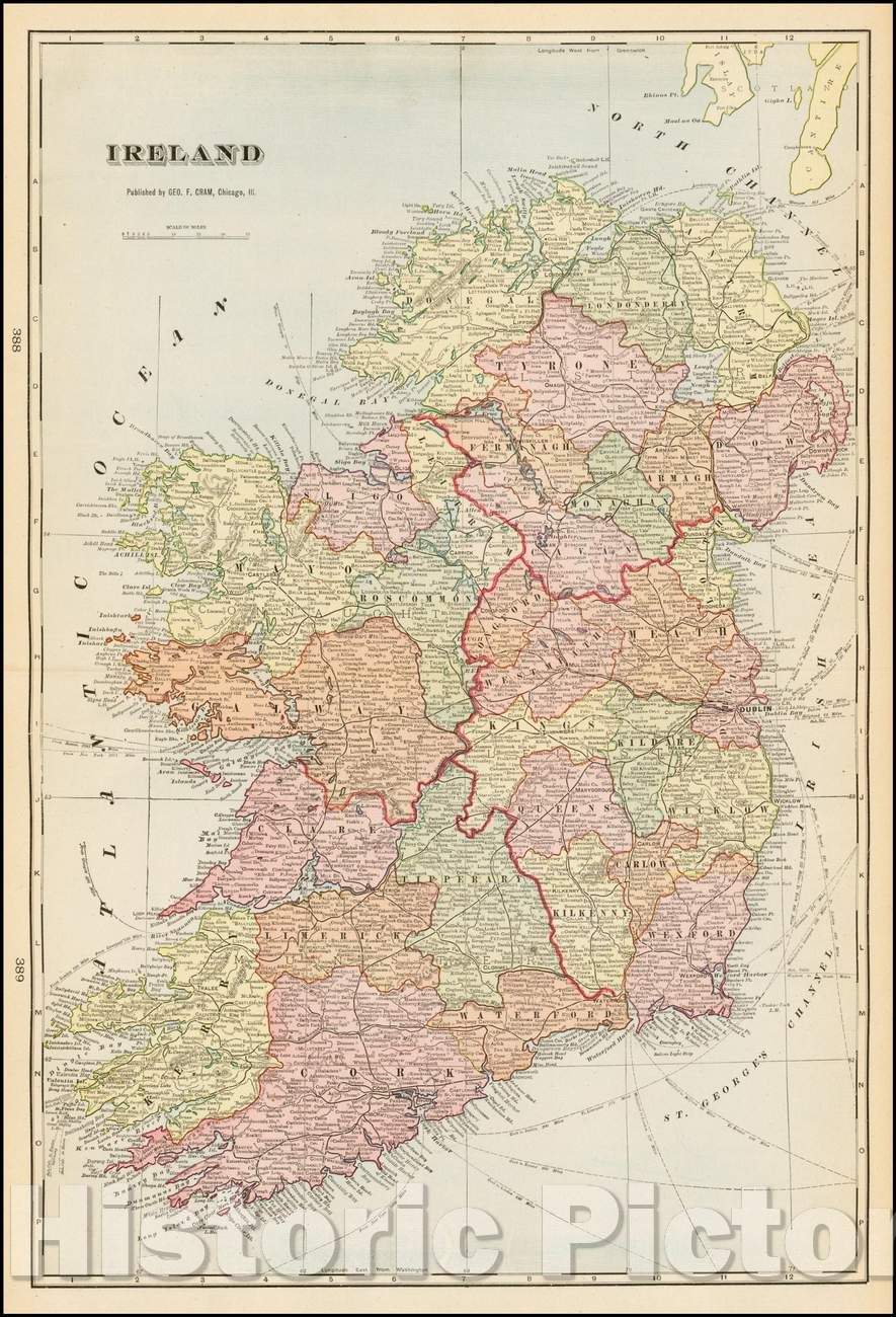 Historic Map - Ireland, 1899, George F. Cram - Vintage Wall Art ...