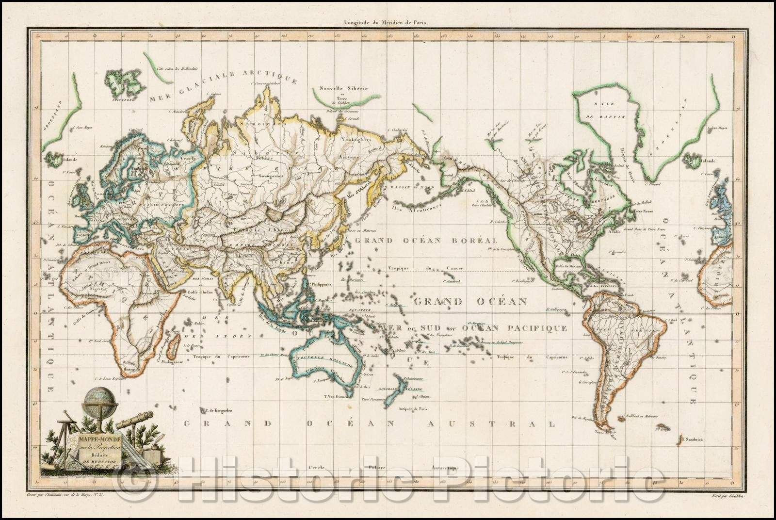 Historic Map - Mappe Monde sur la Projection Reduite De Mercator/Color – Historic Pictoric