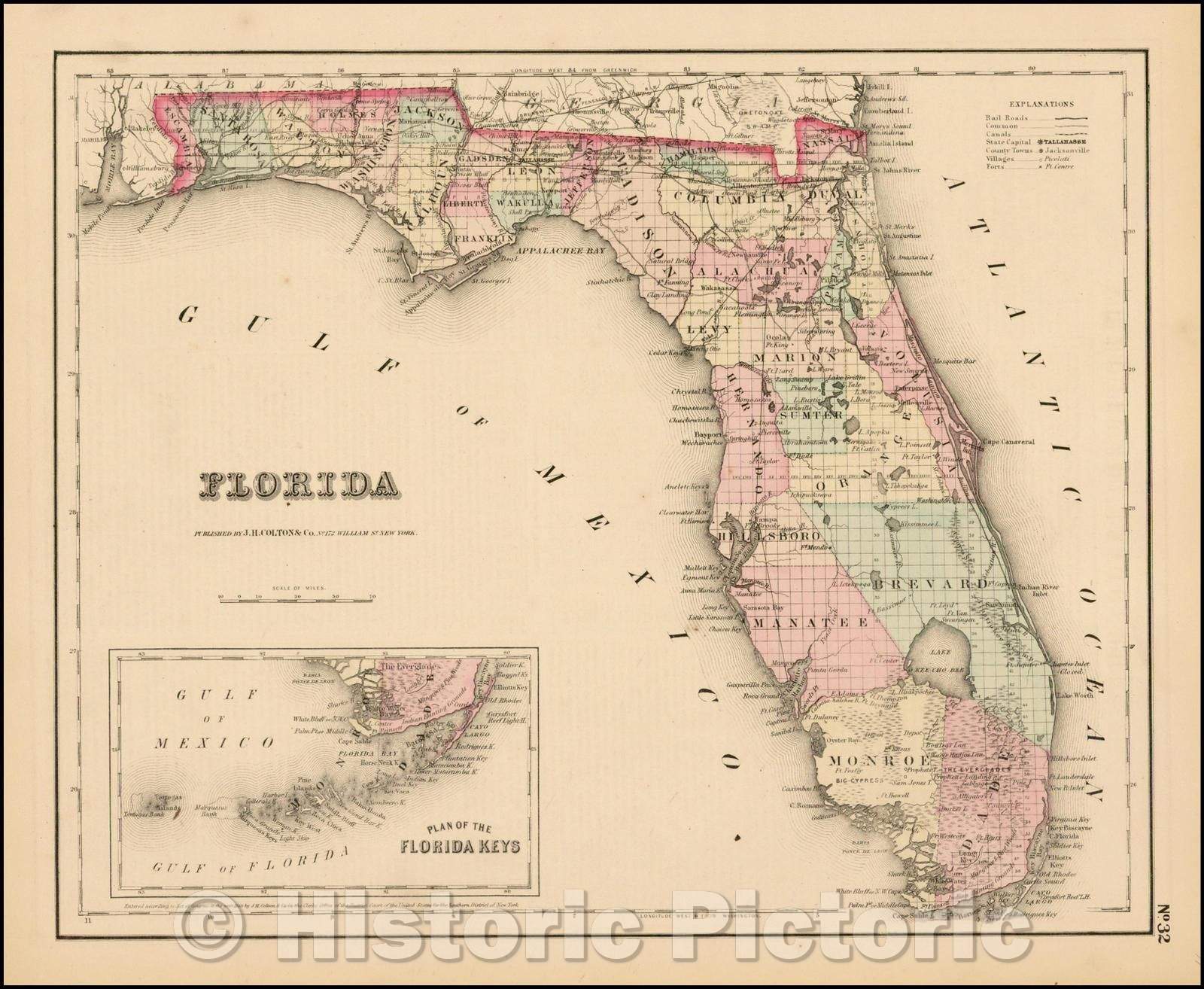 Historic Map - Florida, 1857, Joseph Hutchins Colton - Vintage Wall Ar ...