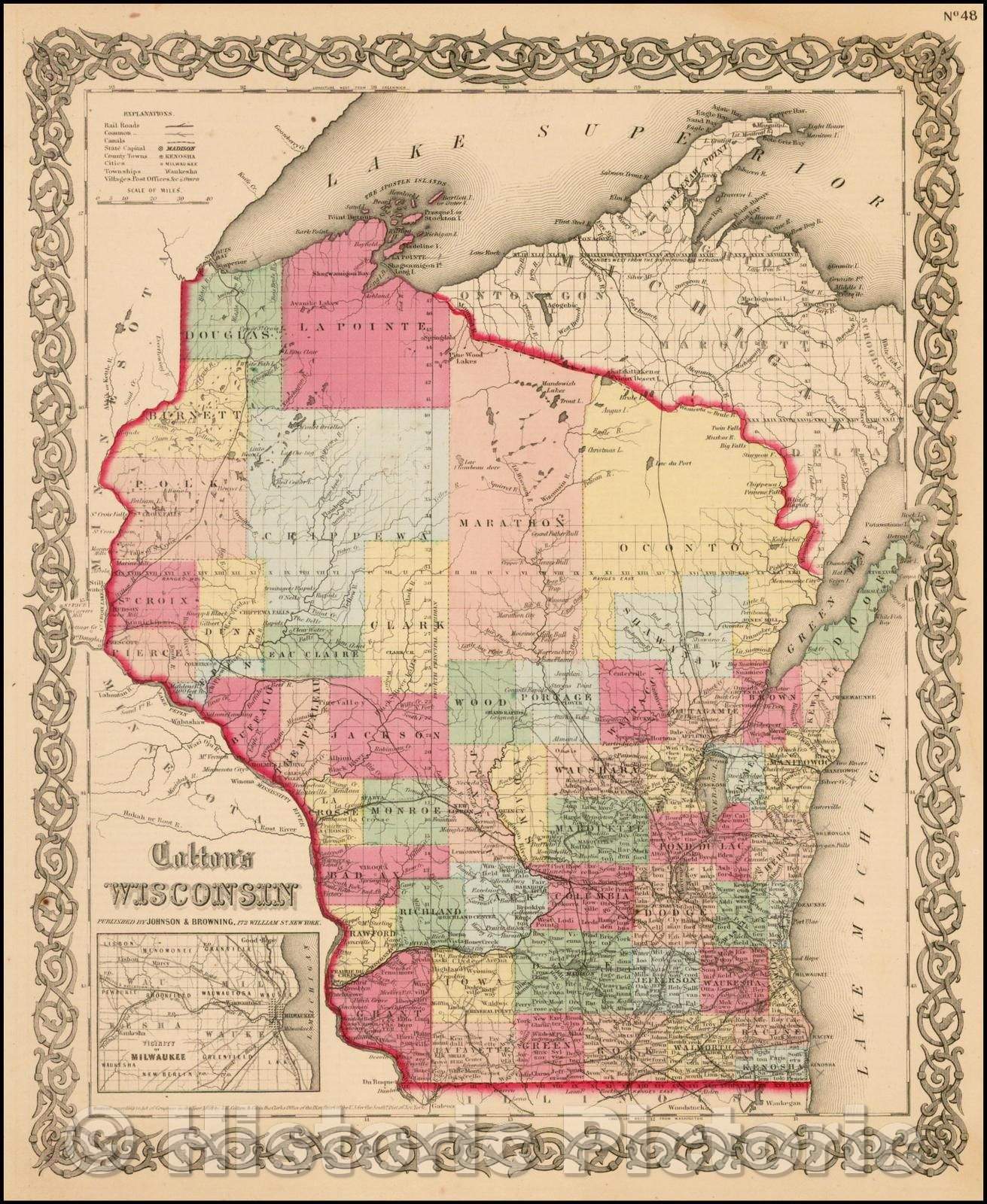 Historic Map - Colton's Wisconsin, 1859, G.W. & C.B. Colton - Vintage ...
