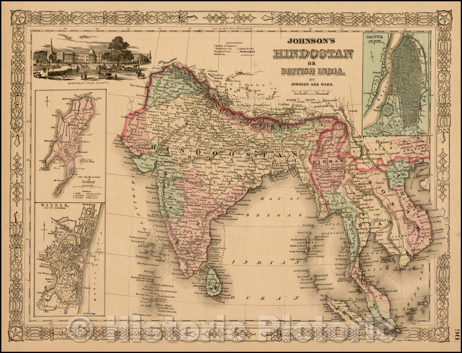 Historic Map - Johnson's Hindostan or British India, 1864, Benjamin Wa ...