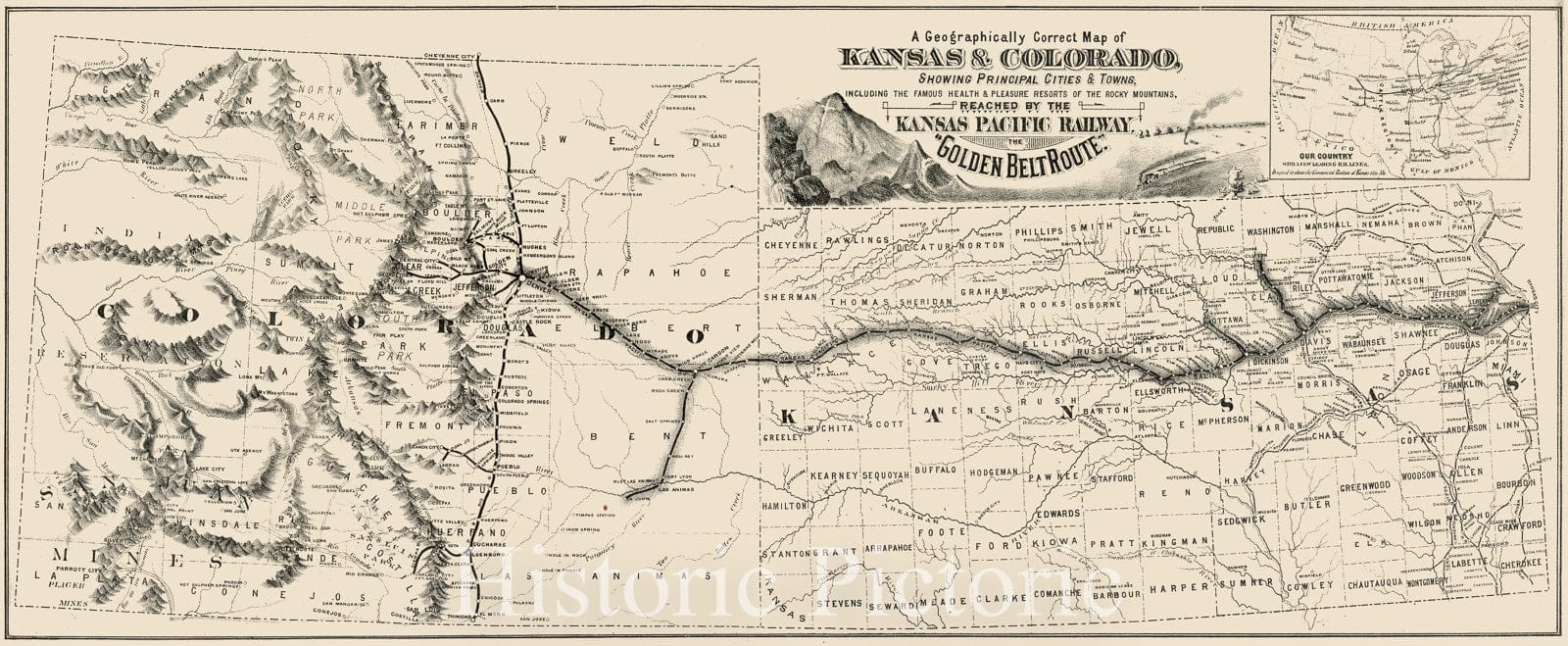 Historic Map - A Geographically Correct Map of Kansas & Colorado, 1878 ...