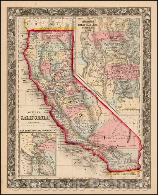 Historic Map - County Map of California (with large inset of Great Sal ...