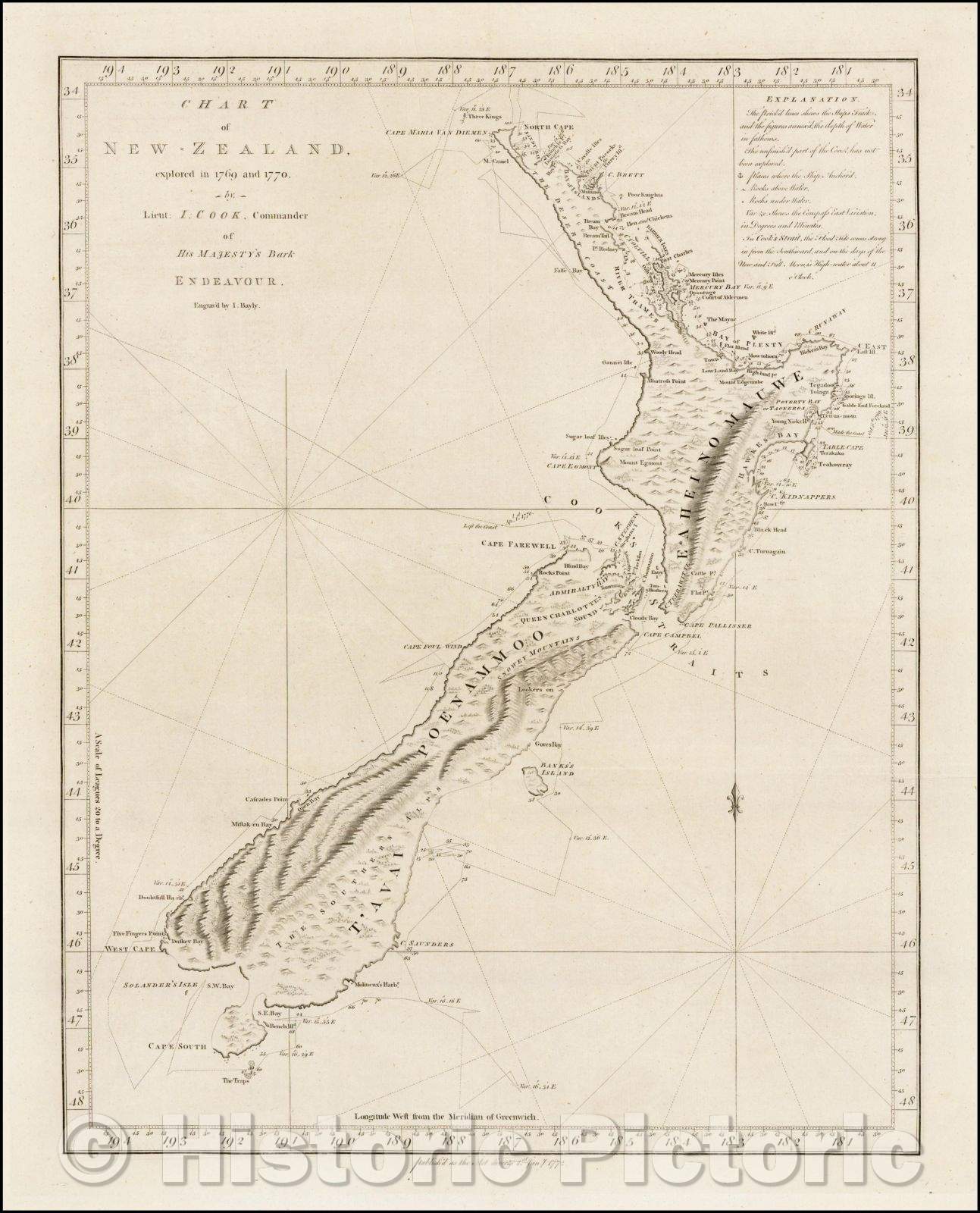 Historic Map - Chart of New-Zealand, explored in 1769 and 1770, 1773 ...