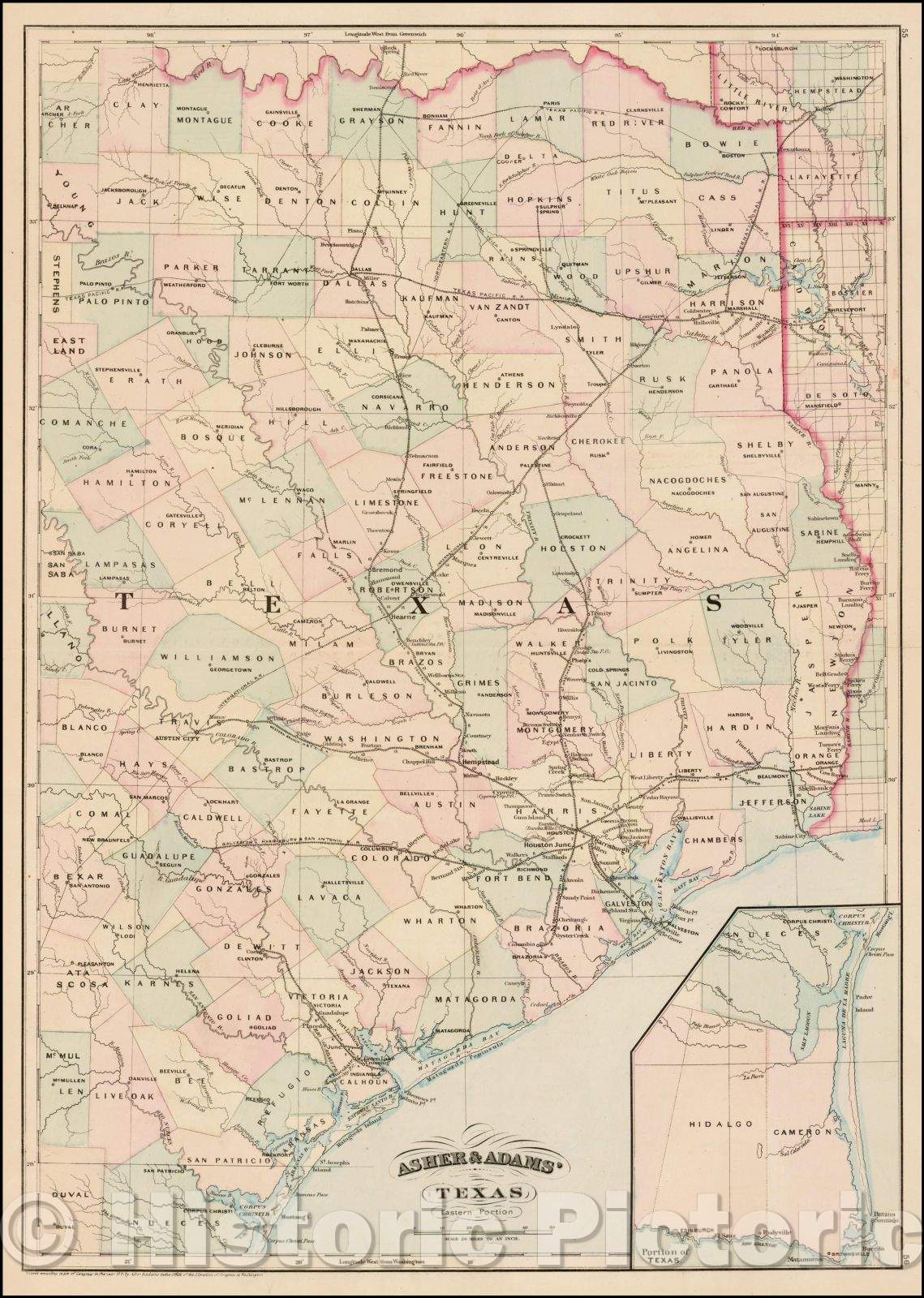 Historic Map - Asher & Adams' Texas Eastern Portion, 1874, Asher v2 ...