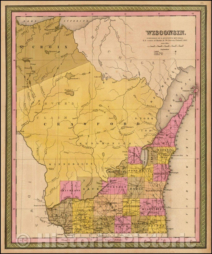 Historic Map - Wisconsin, 1847, Samuel Augustus Mitchell - Vintage Wal ...