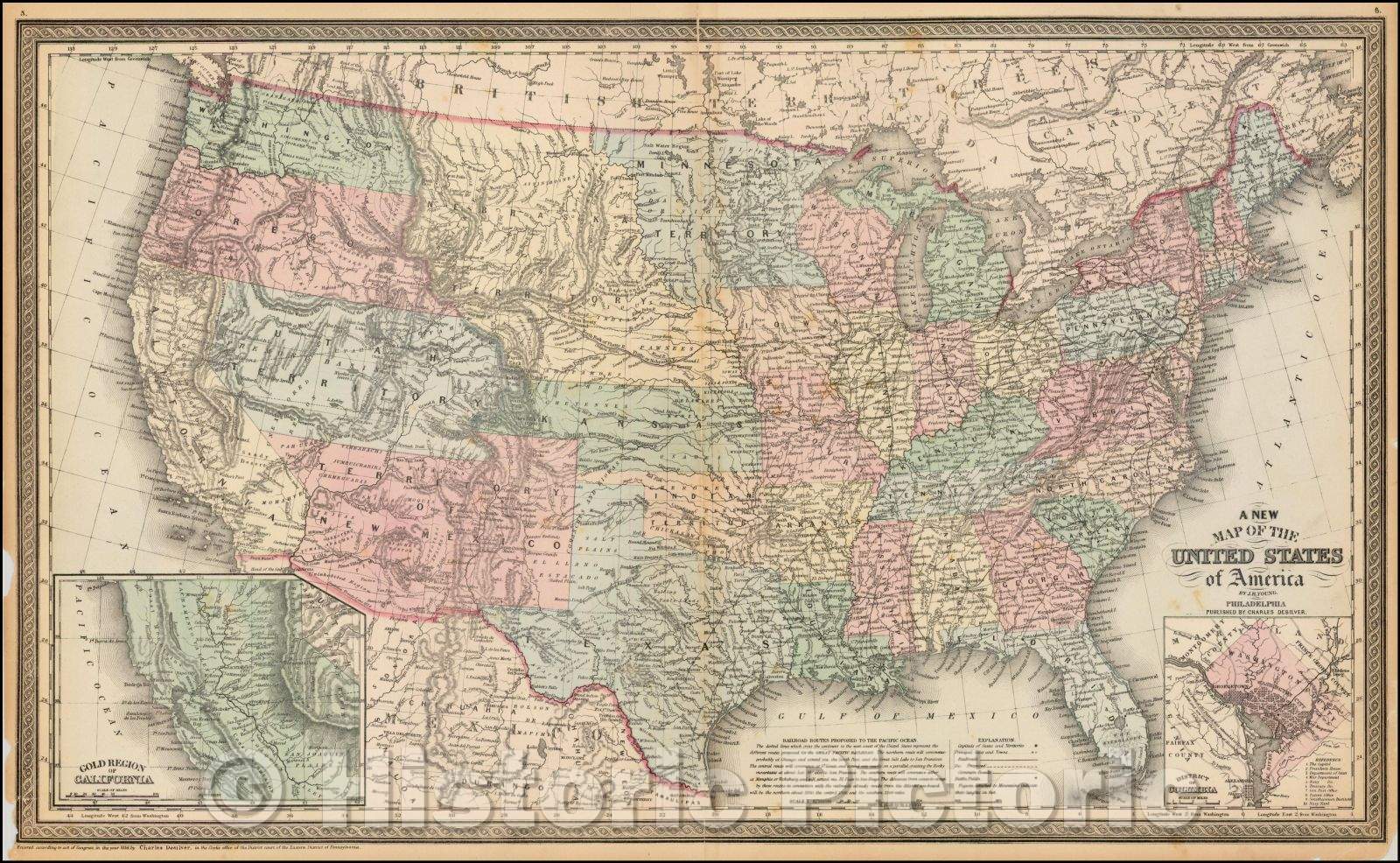 Historic Map - The United States of America, 1855, Charles Desilver ...