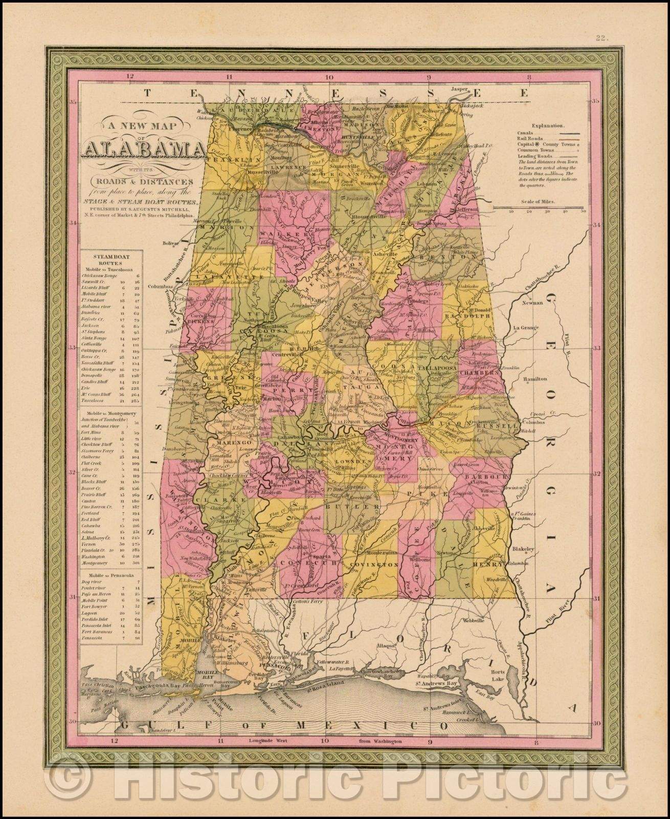Historic Map - A New Map Of Alabama with its Canals, Roads, Distances ...