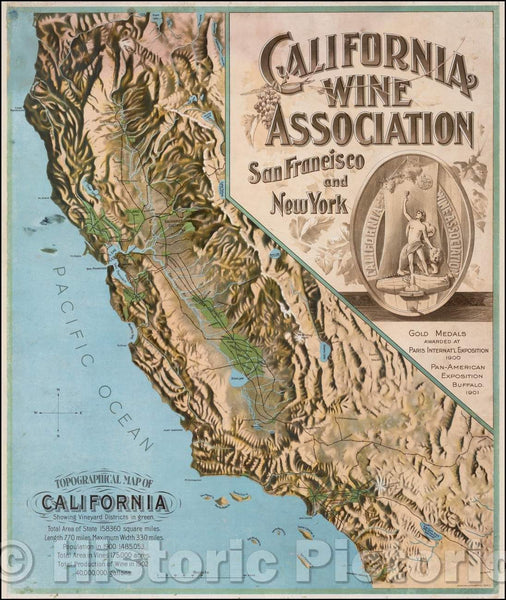 Historic Map - Topographical Map of California Showing Vineyard Distri ...