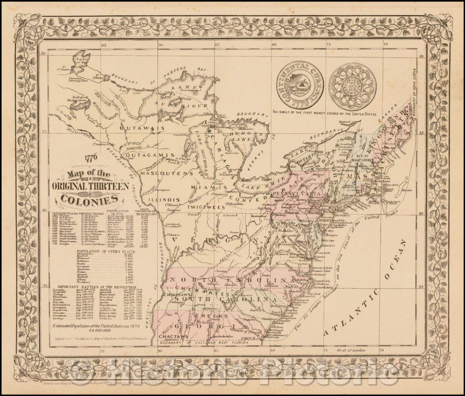 Historic Map - Map of the Original Thirteen Colonies, 1879, Samuel Aug ...