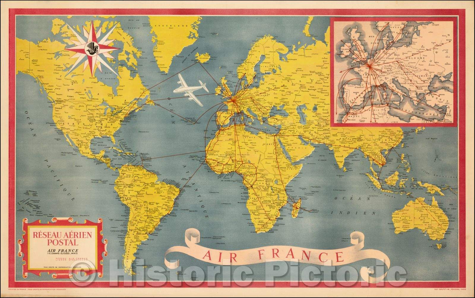 Historic Map - [World] Air France - Reseau Aerien Postal/Map Poster by ...